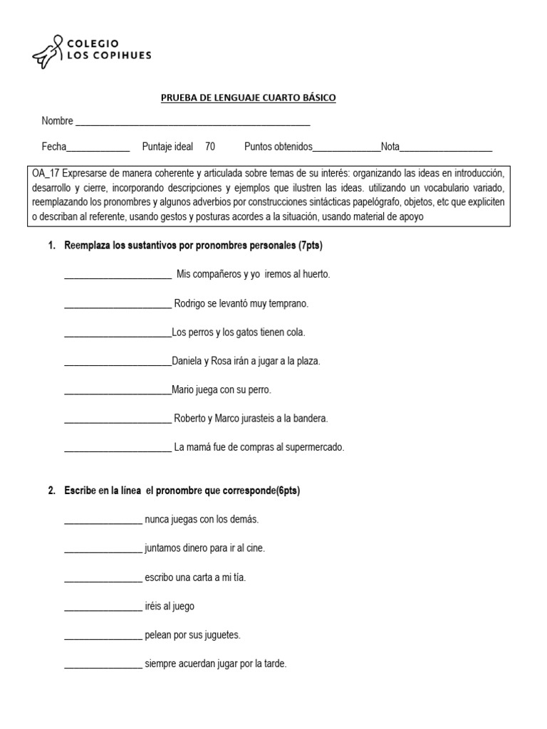 Prueba-Lenguaje-4°-Verbosy Pronombres | PDF