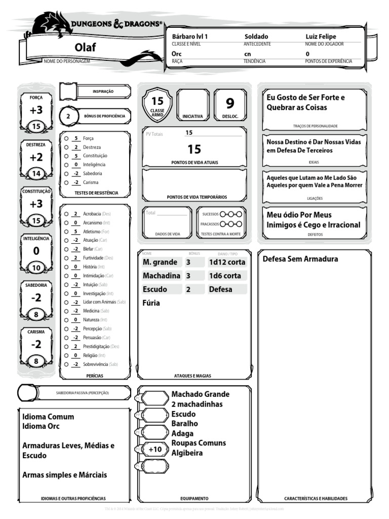 Ficha de Personagem Olaf | PDF