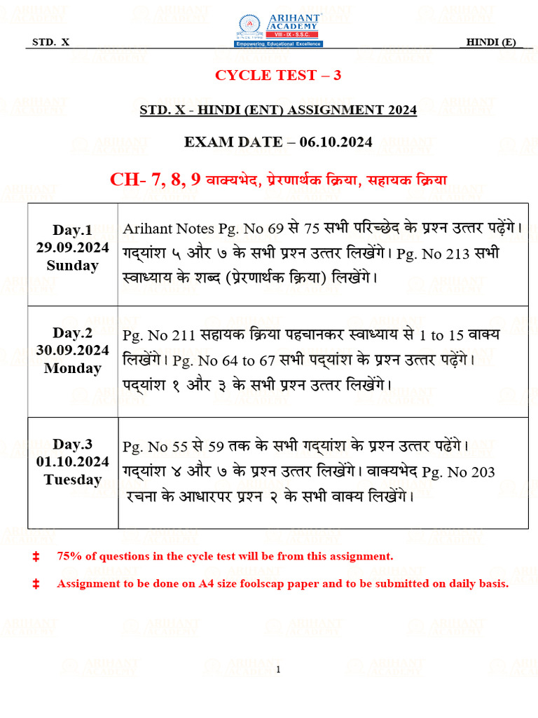 STD - X-Hindi-Ent-Assignment-06-10-2024-Vrinda | PDF