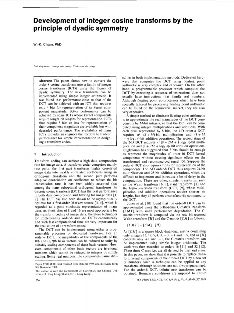 Development of Integer Cosine Transforms by The Principle of Dyadic Symmetry | PDF