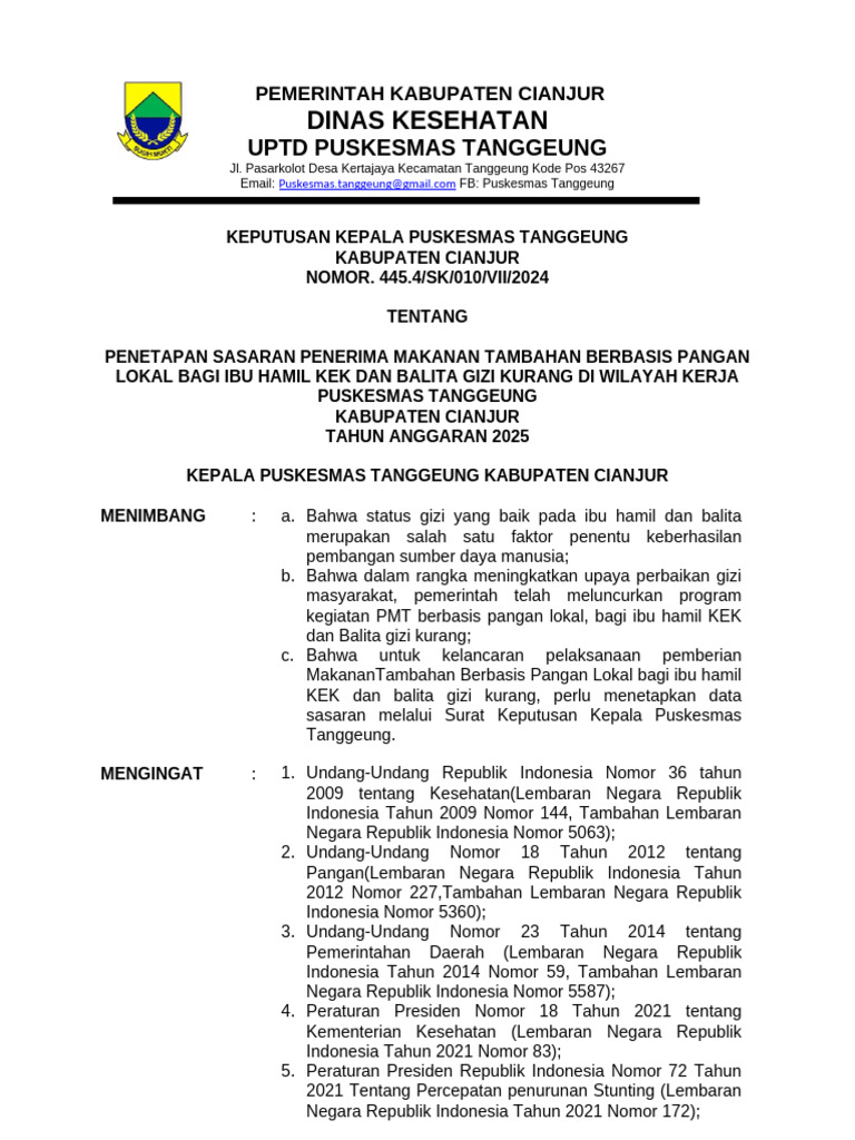 SK Penetapan Sasaran PMT PKM Tanggeung 2025 | PDF