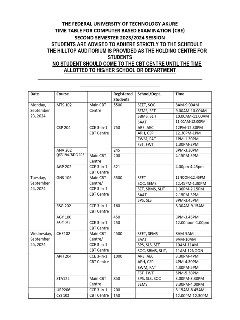 Cbe Schedule For 2ND Semester 20232024 | PDF