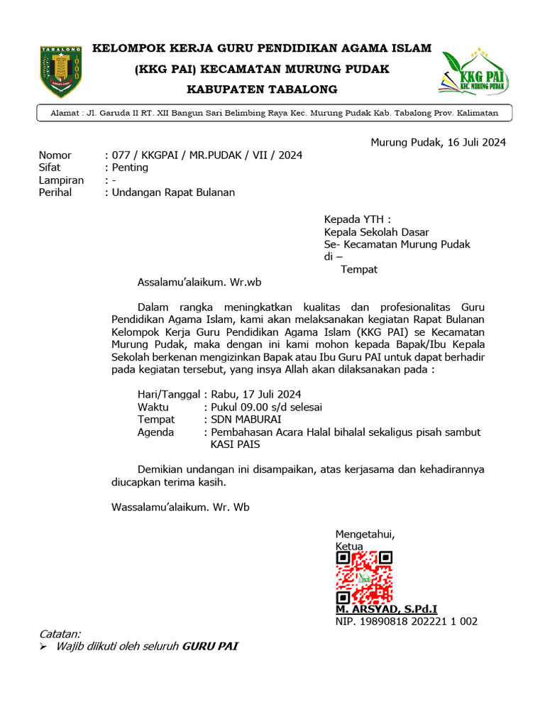 Undangan KKG Pai Juli 2024 (SDN Maburai) | PDF