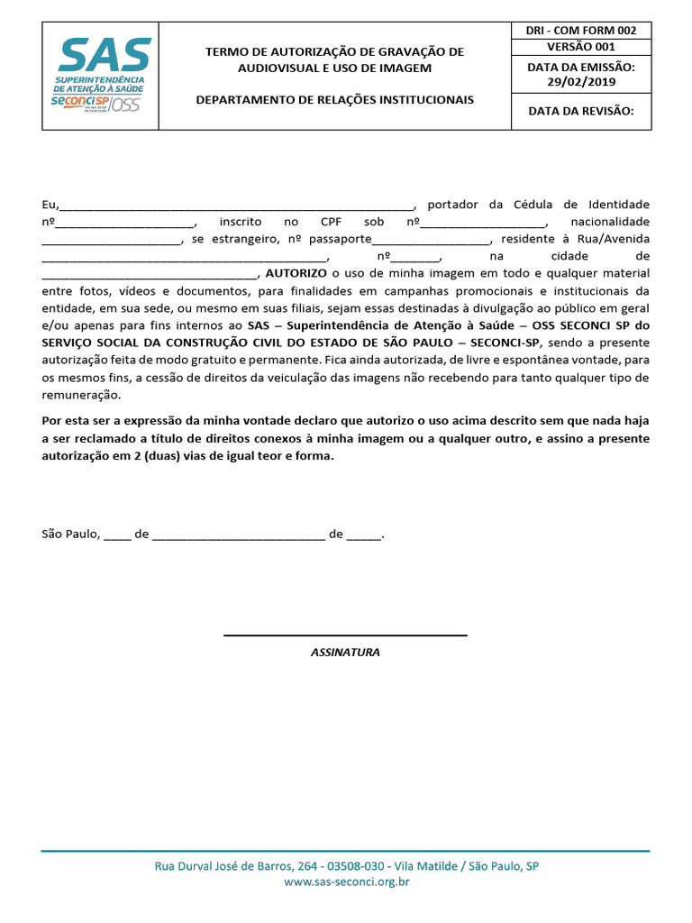 FORM 002 - Termo de Autorização de Uso de Imagem - 2019 | PDF