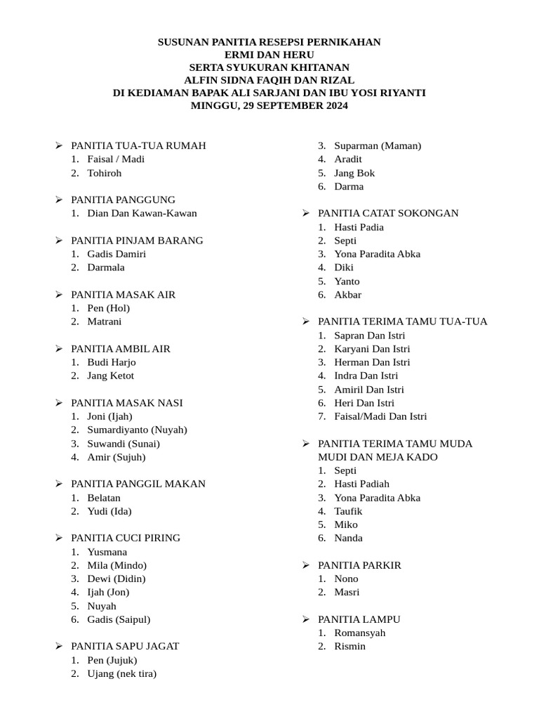 Susunan Panitia Resepsi Pernikahan Ermi Dan Heru | PDF