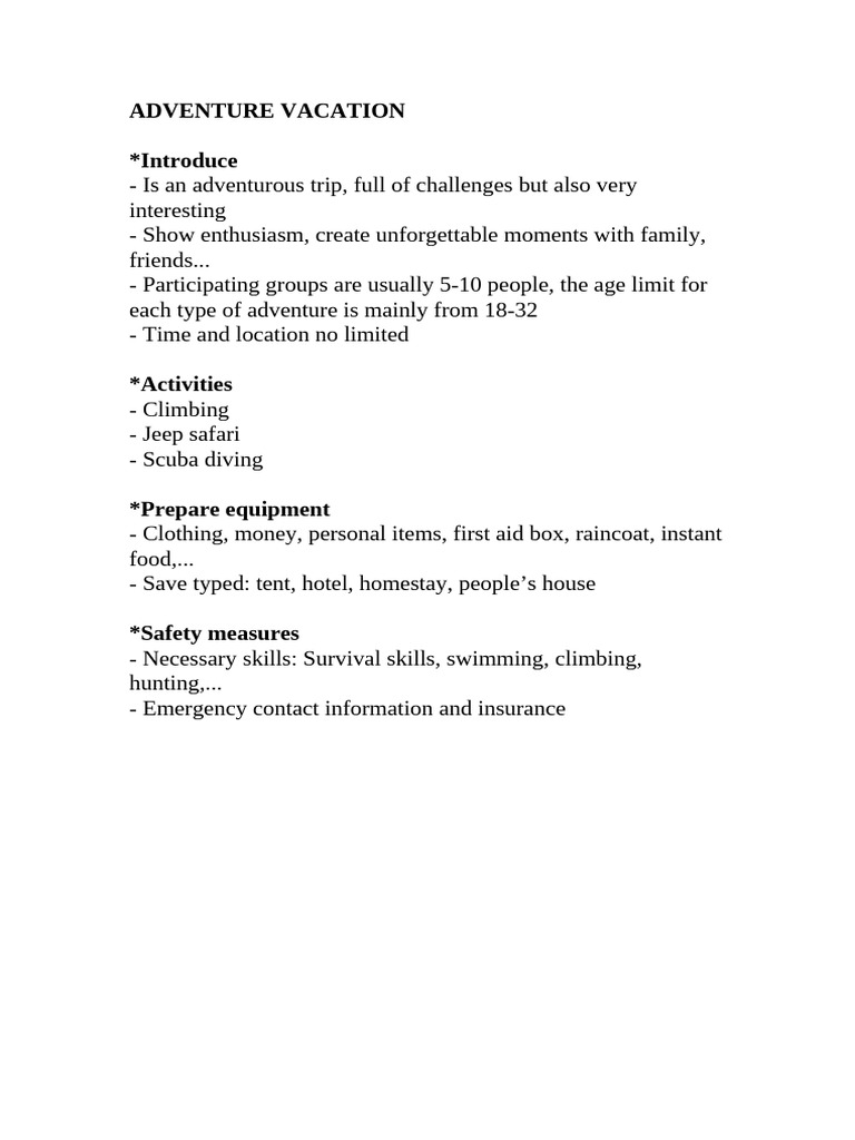 Adventure Vacation | PDF