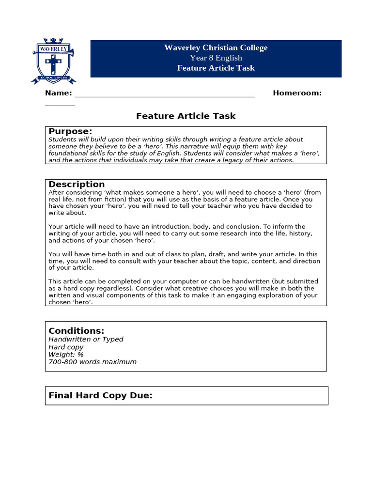 Year 8 Feature Article Task Sheet | PDF