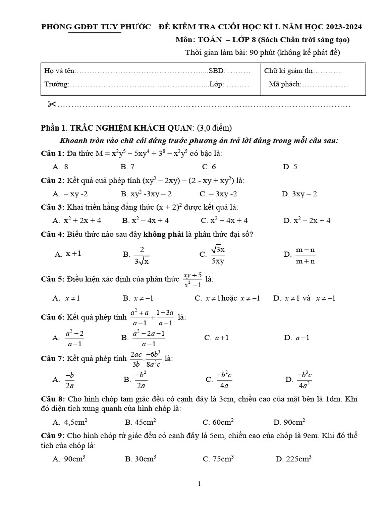 De Cuoi Ki 1 Toan 8 CTST Nam 2023 2024 Phong GDDT Tuy Phuoc Binh Dinh | PDF