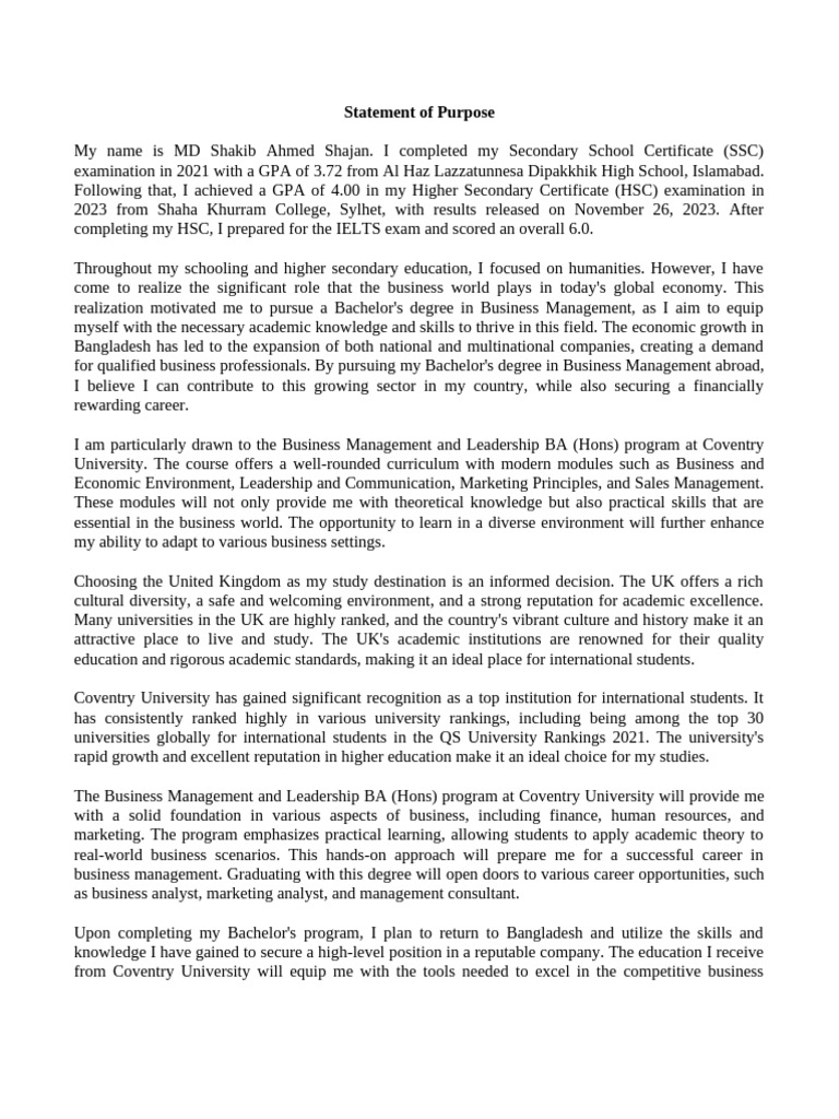 Shakib SOP Coventry London Campus | PDF