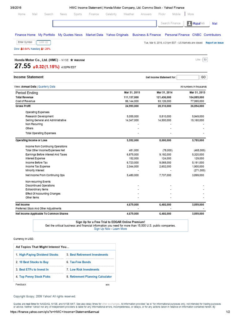 HMC Income Statement - Honda Motor Company, LTD | PDF