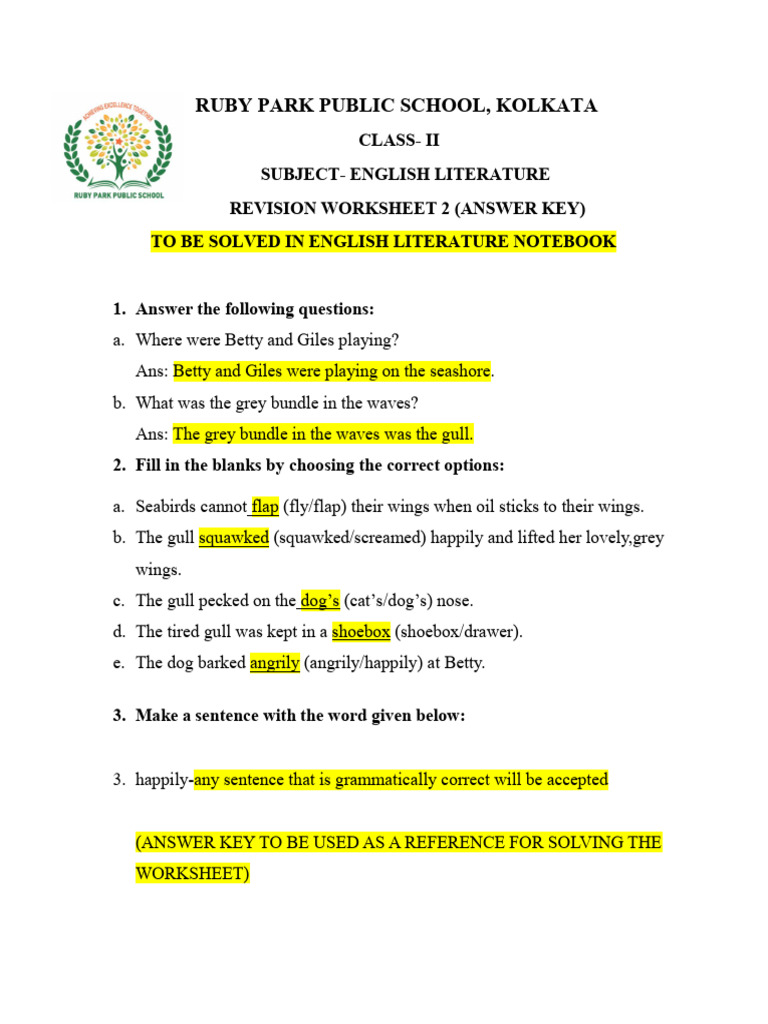 Class - 2WS 2 - English - Answer - Key | PDF