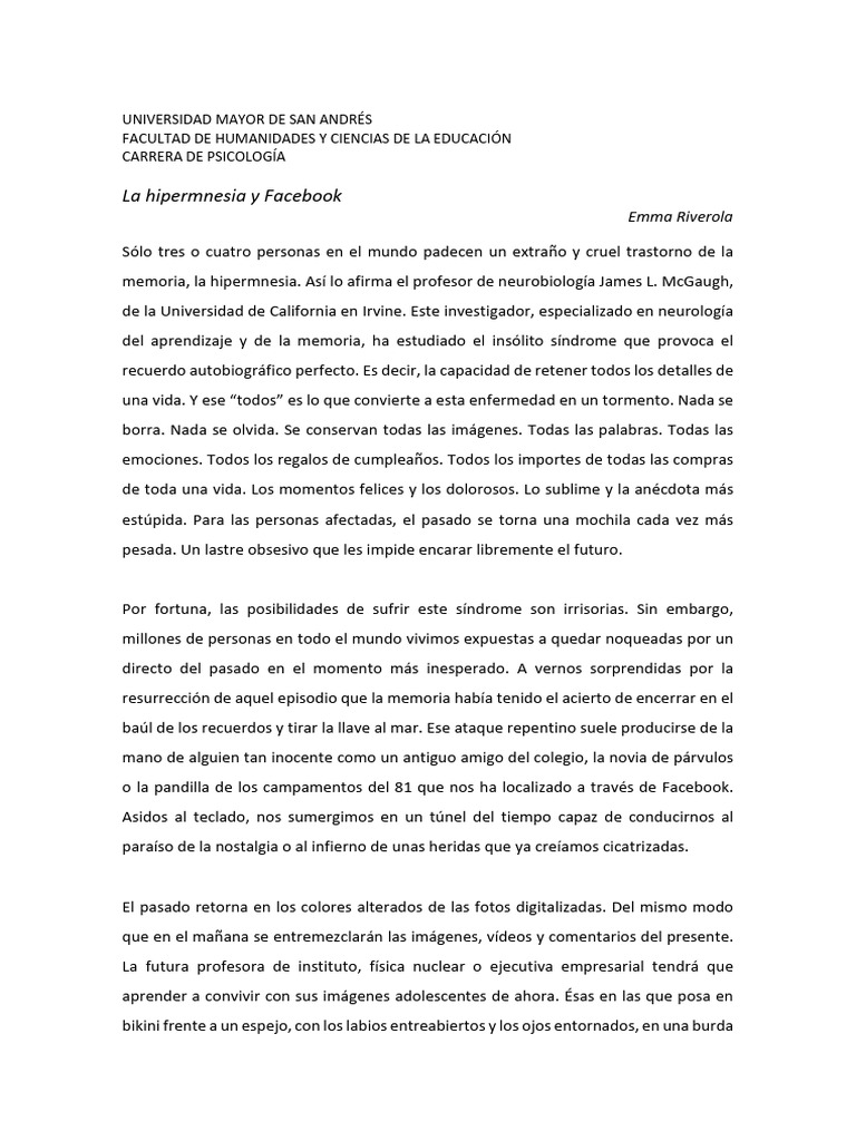 La Hipermnesia y Facebook | PDF | Memoria