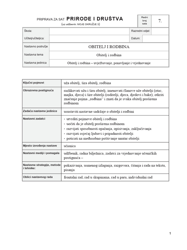 MO3-07 - Obitelj I Rodbina - Uvježbavanje, Ponavljanje I Vrjednovanje | PDF