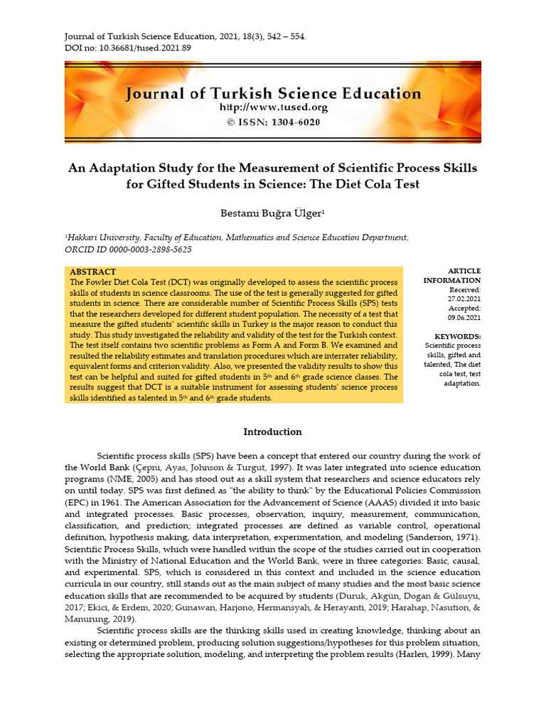 An Adaptation Study For The Measurement of Scientific Process Skills ...