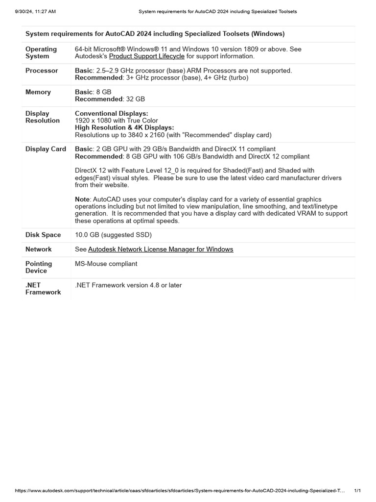 System Requirements For AutoCAD 2024 Including Specialized Toolsets | PDF