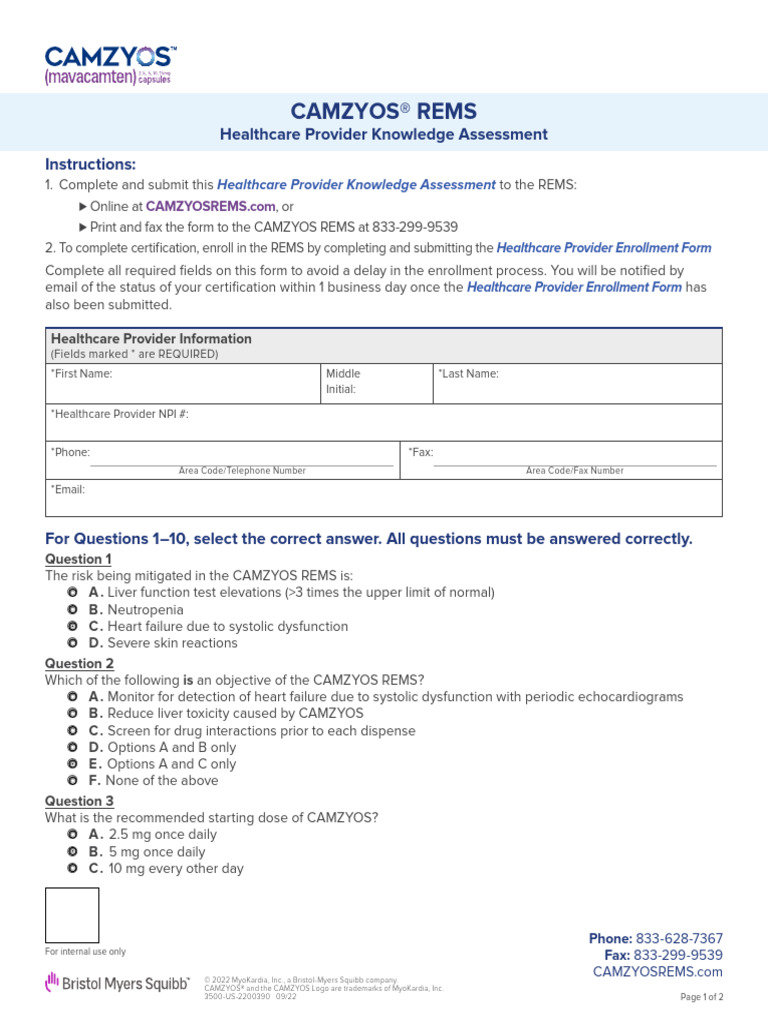 CAMZYOS REMS Healthcare Provider Knowledge Assessment (09!06!2024 ...