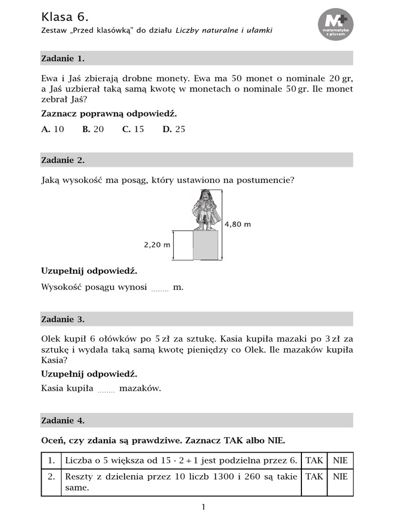 Zestaw-Zadan-Przed-Klasowka Klasa6 nr1 Zadania | PDF