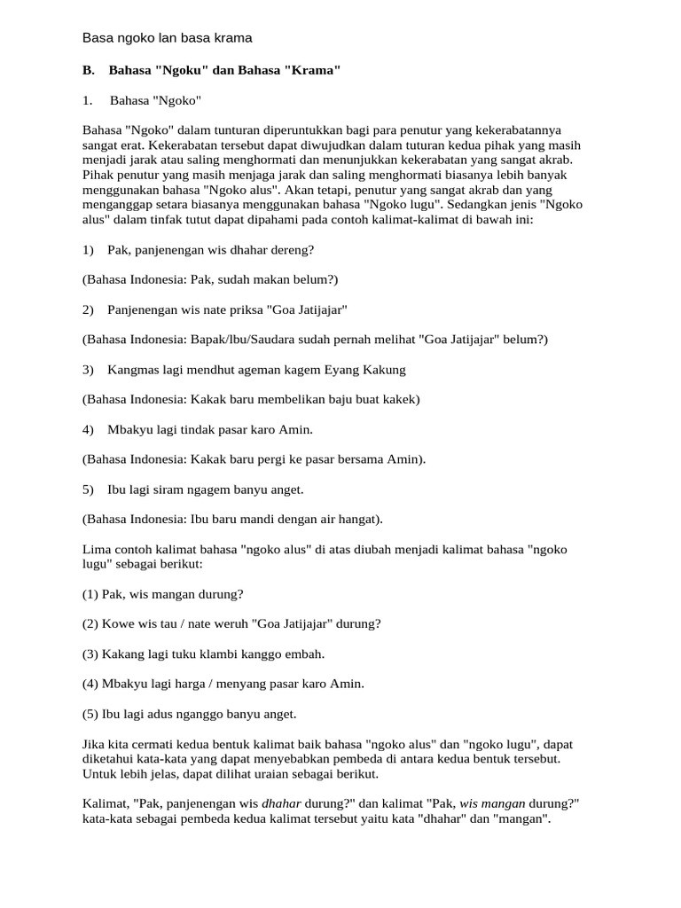 Basa Ngoko Lan Basa Krama Kelas 3 Dan 4 | PDF