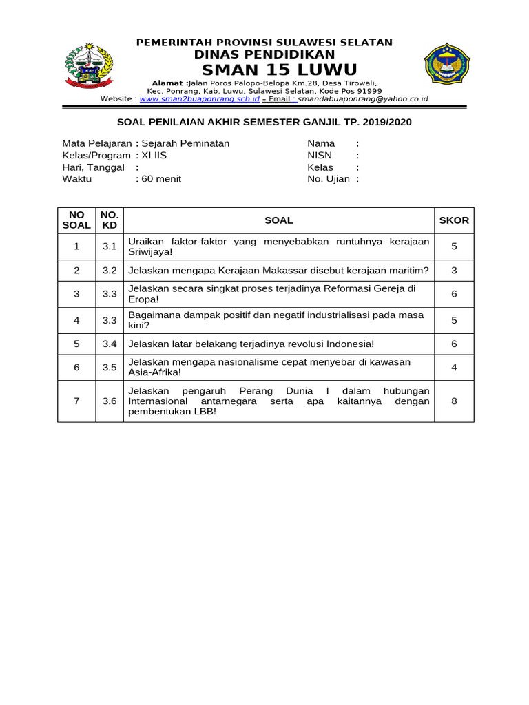 Soal Peminatan Sejarah Kelas Xi Sem.1 | PDF Soal Peminatan Sejarah Kelas Xi Sem.1 | PDF
