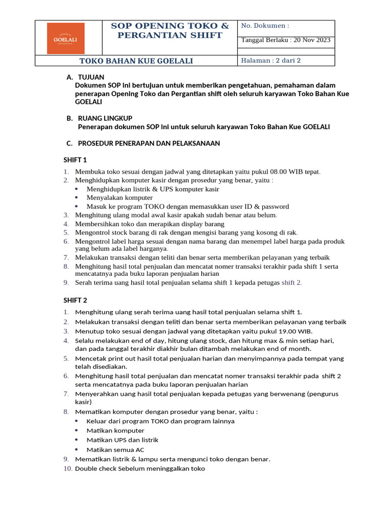 Sop Buka Toko & Pergantian Shift | PDF