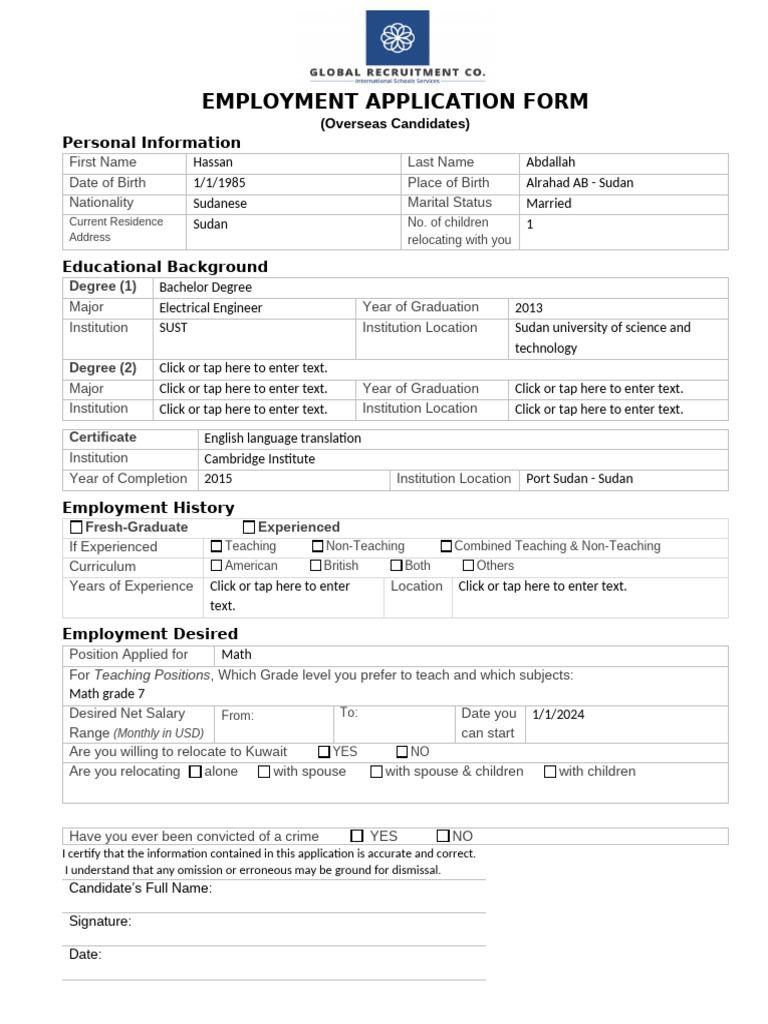 1 - EMPLOYMENT APPLICATION FORM - Overseas - GRC 2023 | PDF
