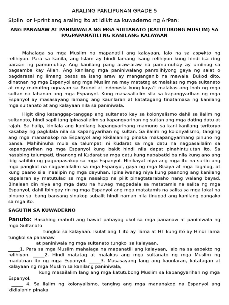 Araling Panlipunan Grade 5 Aralin 2 | PDF