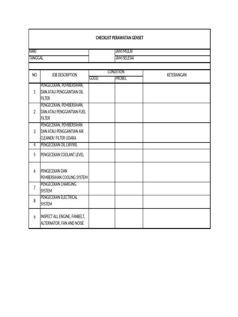 Checklist Genset Maintenance | PDF
