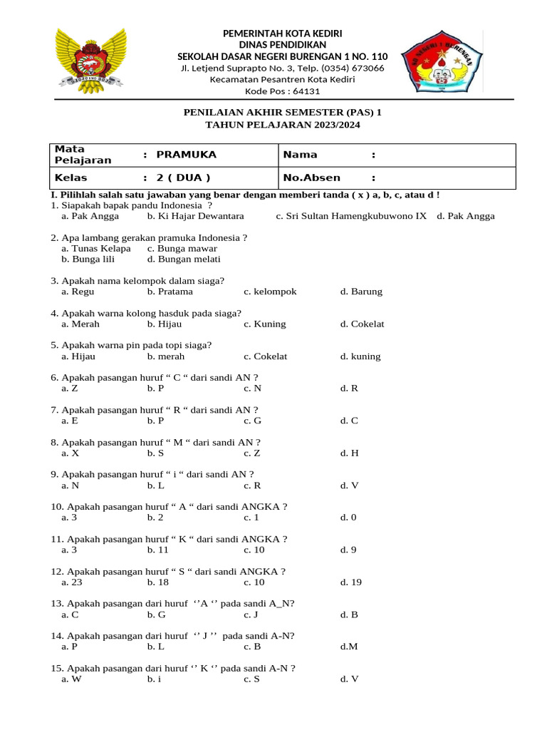 Kls 2 Soal Pramuka Smster 1 2023 | PDF