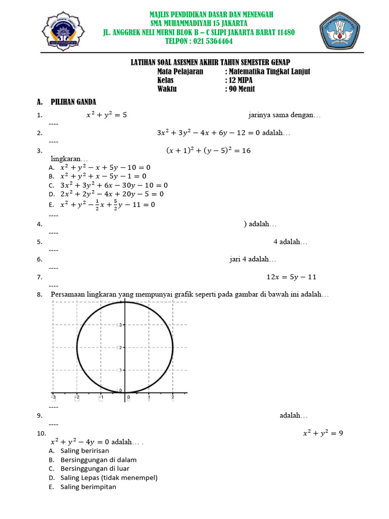Latihan Soal Kelas 12 MTK Lanjut Ats Ganjil 2024-2025 | PDF