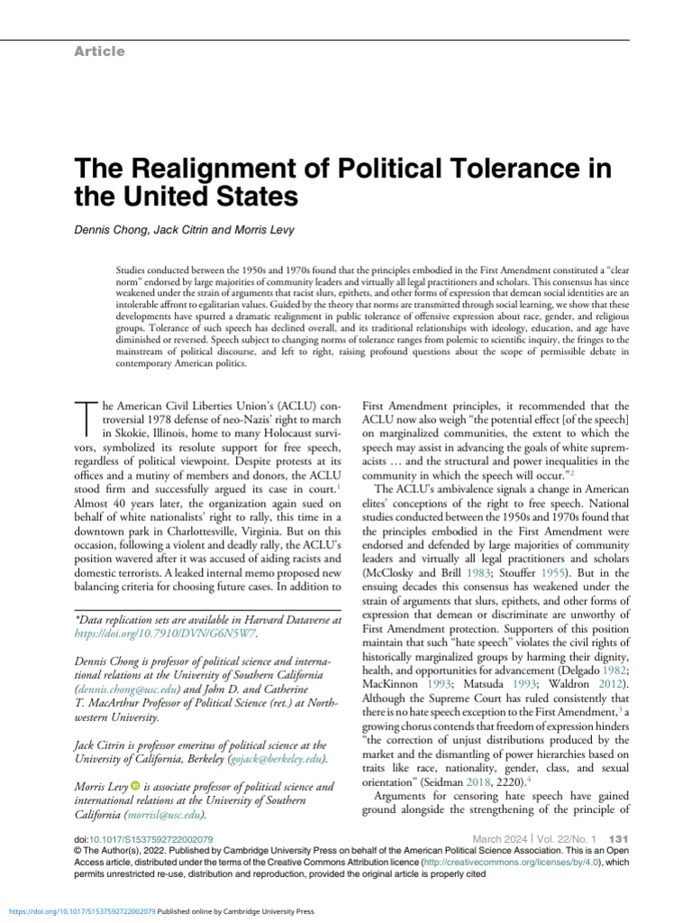 Realignment of Political Tolerance in The United States | PDF ...