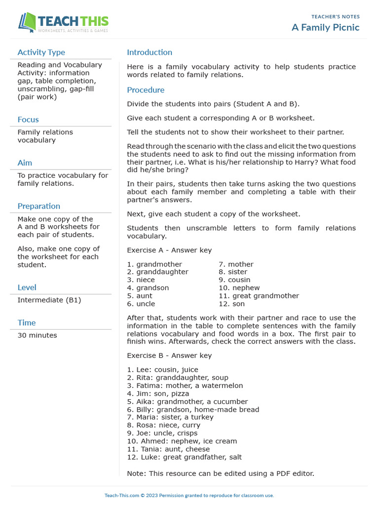Family Picnic Vocabulary Activity | PDF | Foods