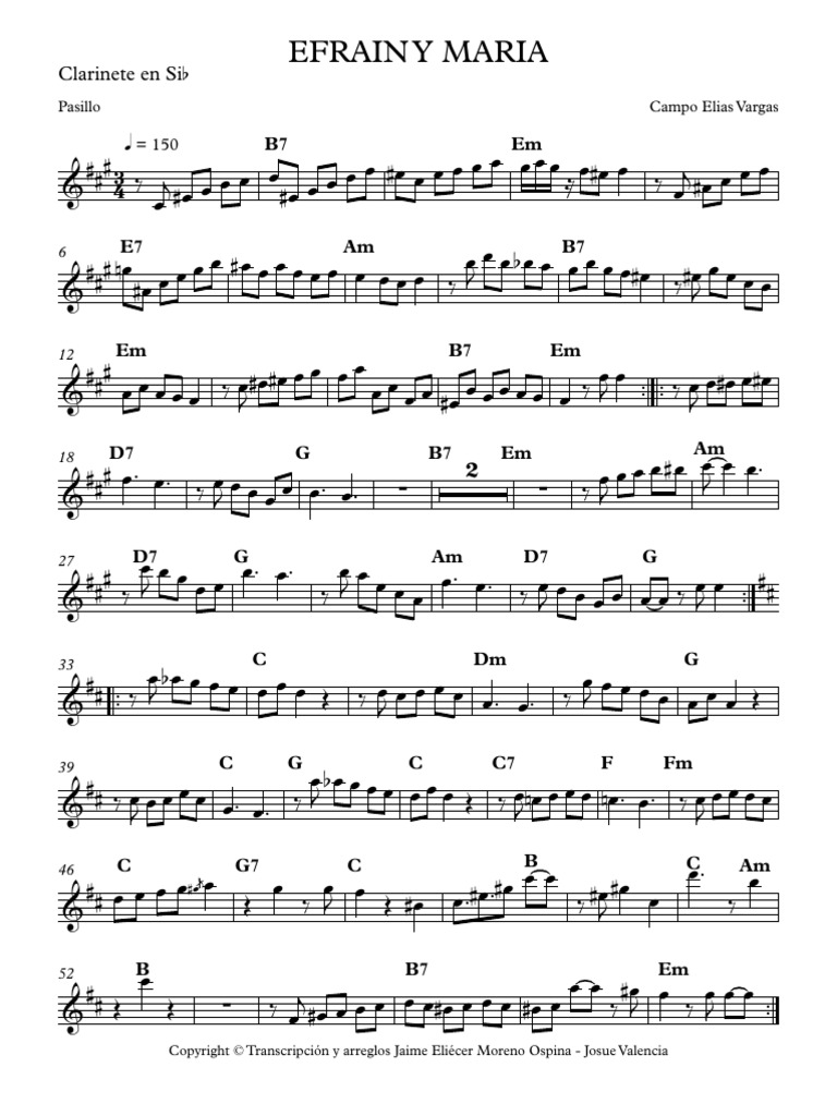 EFRAIN Y MARIA - Pasillo - Clarinete en Sib | PDF
