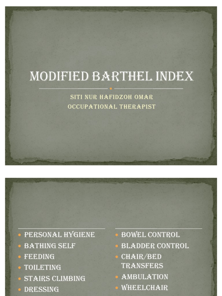 Modified Barthel Index | PDF | Urinary Incontinence | Wheelchair