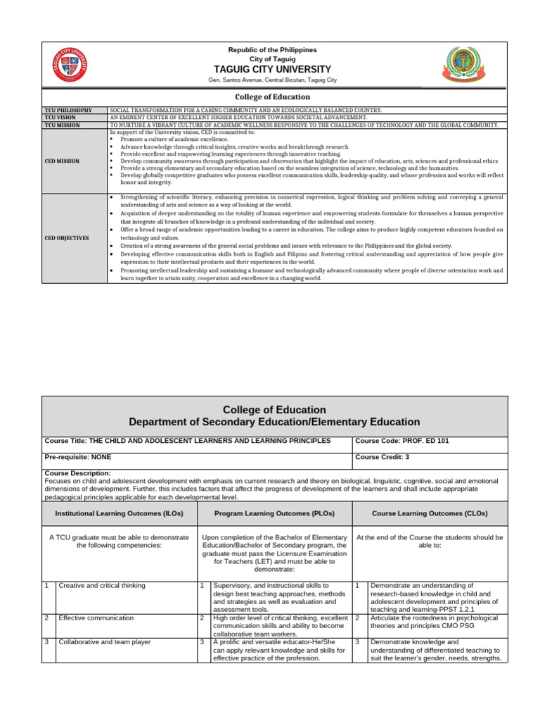 Prof. Ed 101 Child and Adolescent Development Syllabus | PDF