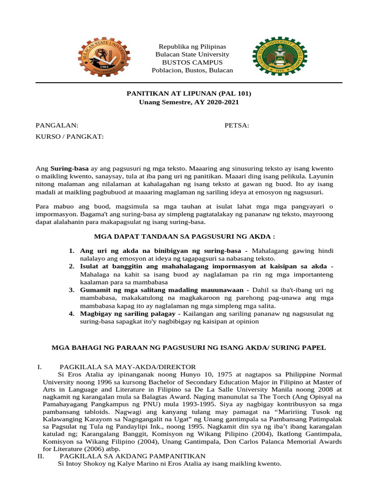 HALIMBAWA Suring Papel Si Intoy Siyokoy NG Kalyer Marino | PDF