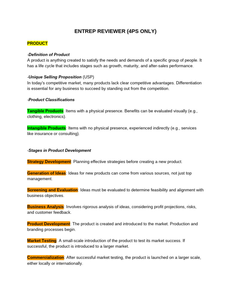 Entrepreneurship Reviewer 4PS | PDF