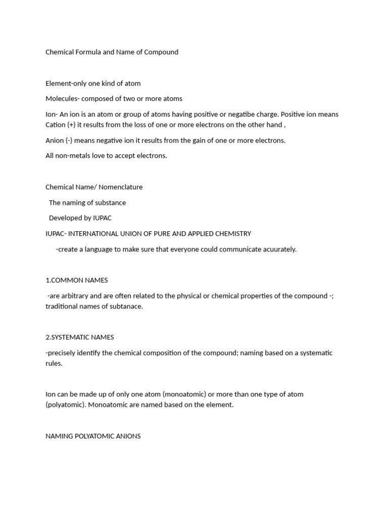 Chemical Formula and Name of Compound | PDF