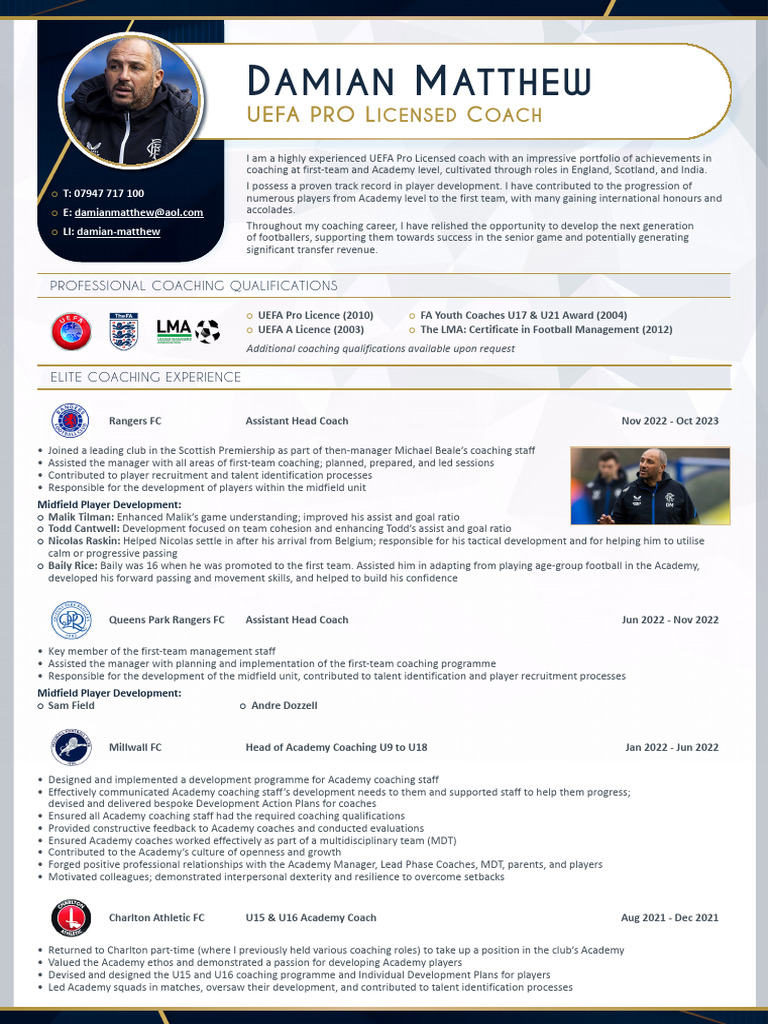 Damian Matthew CV 2.0 - UEFA Pro Licensed Coach DM | PDF