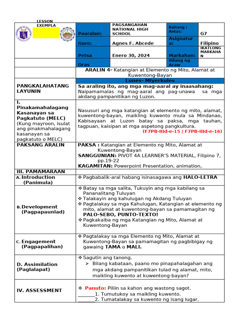 LESSON EXEMPLAR) Katangian at Elemento NG Mito, Alamat at Kuwentong ... LESSON EXEMPLAR) Katangian at Elemento NG Mito, Alamat at Kuwentong ...