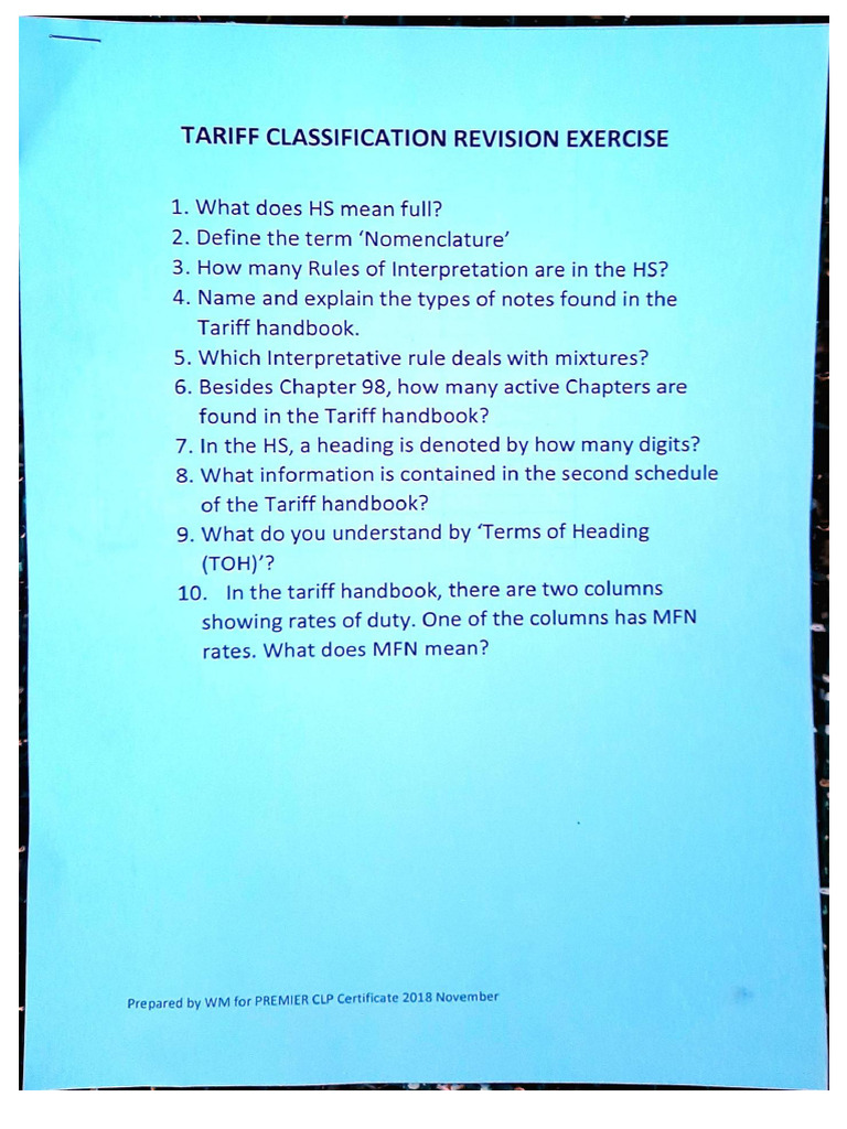 Tariff Classification Revision Exercise | PDF