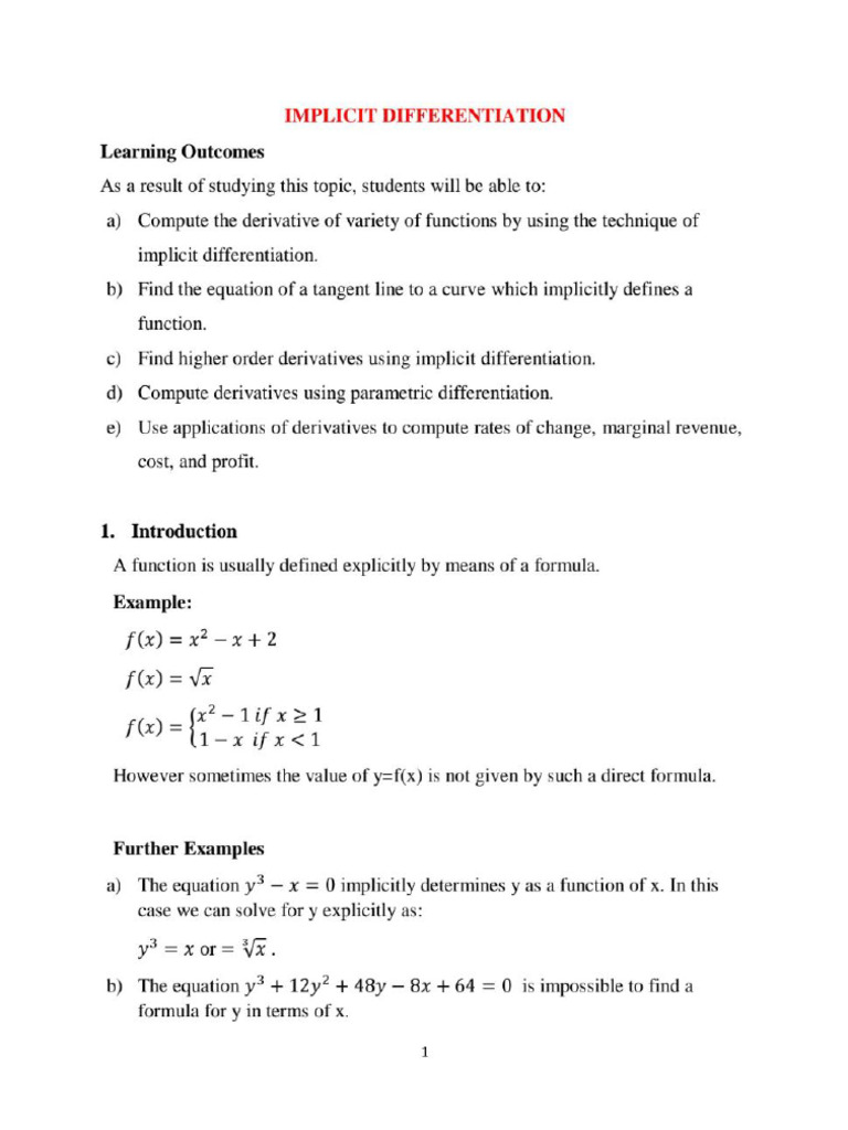 Lesson 1 - Implicit Differentiation | PDF