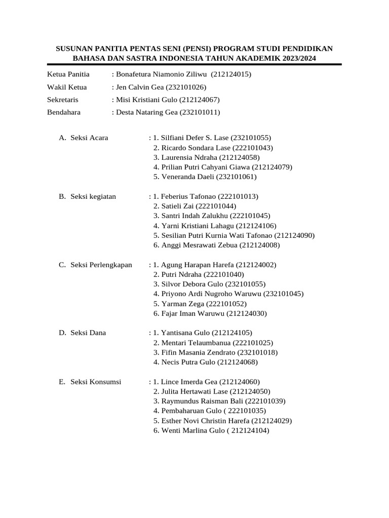 Susunan Panitia Pensi 2023/2024 | PDF