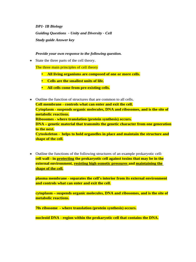ANSWER KEY - STUDY GUIDE-Kognity Questions - Unity and Diversity Cell ...