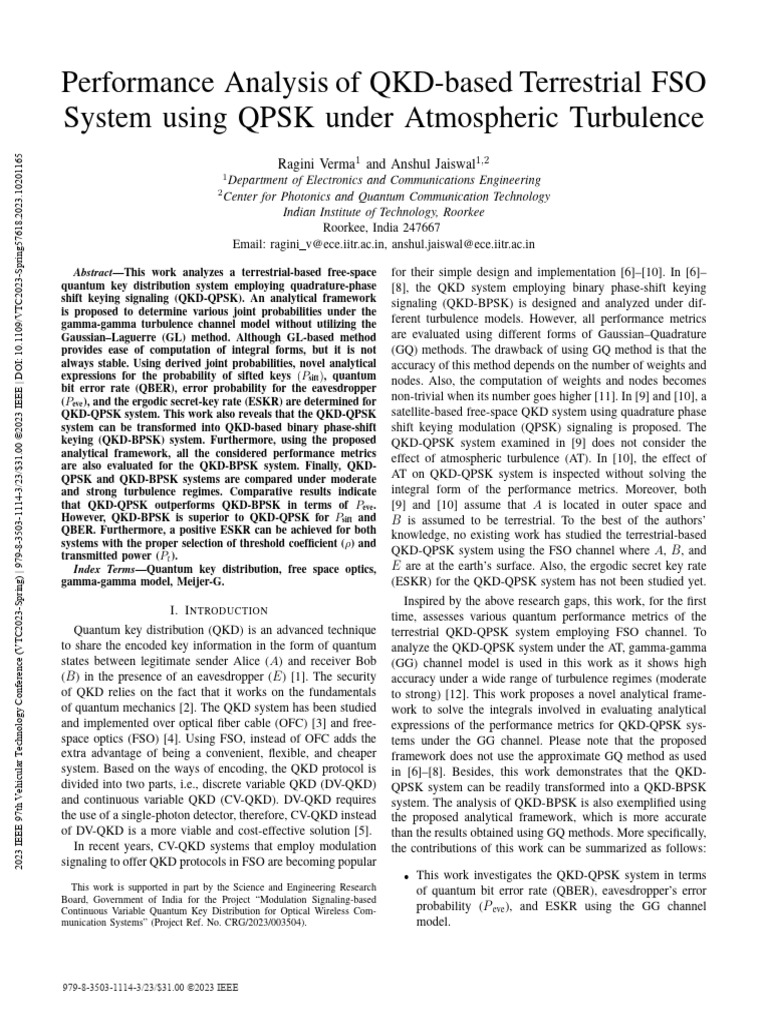 Performance Analysis of QKD-based Terrestrial FSO System Using QPSK Under Atmospheric Turbulence ...