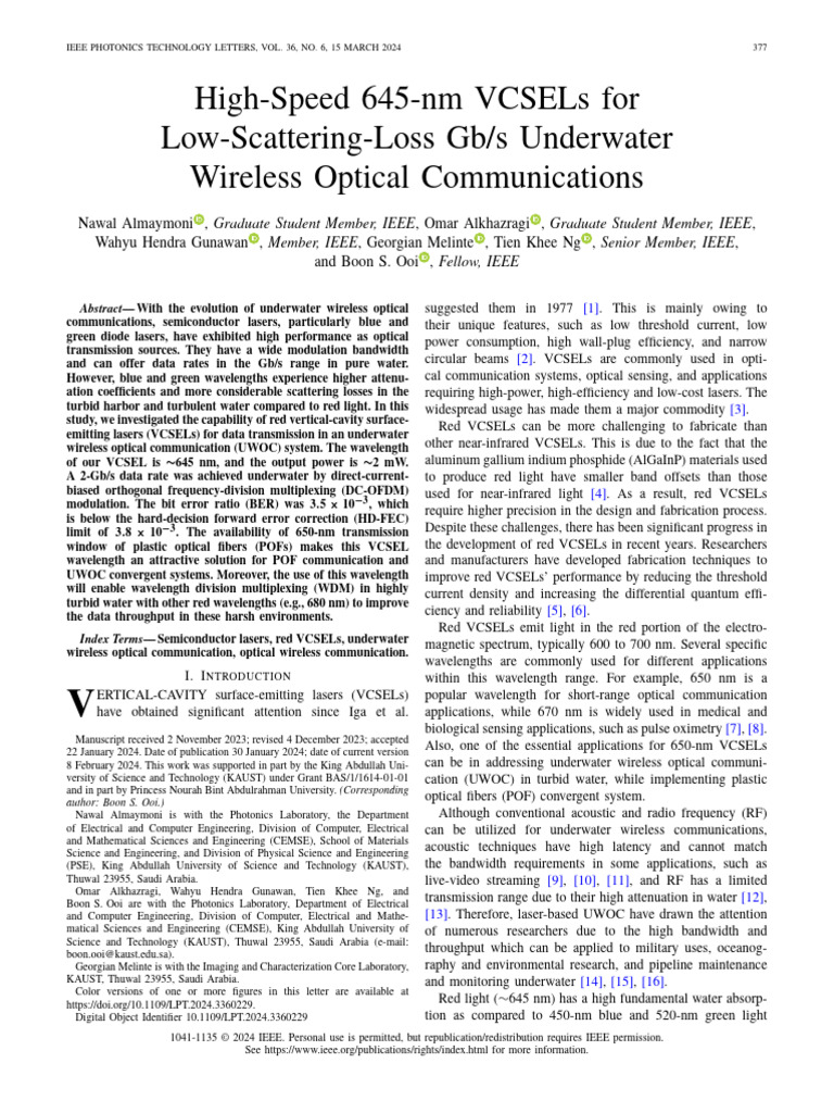 High-Speed 645-nm VCSELs For Low-Scattering-Loss GB S Underwater ...