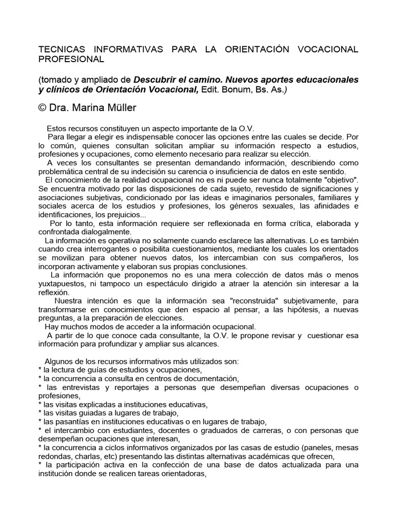 TECNICAS INFORMATIVAS PARA L ... N VOCACIONAL PROFESIONAL - Muller | PDF