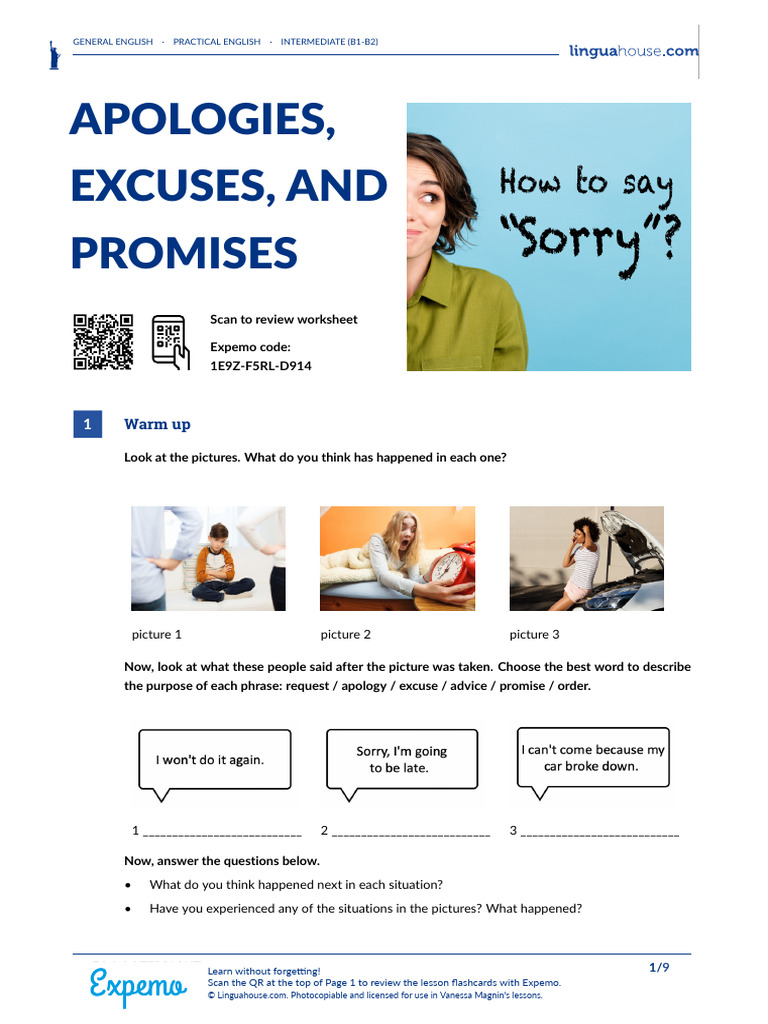 Apologies Excuses and Promises American English Student | PDF