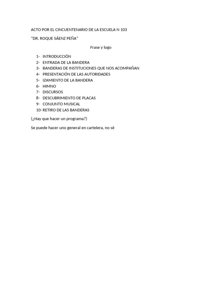 Acto Por El Cincuentenario de La Escuela N 103 | PDF