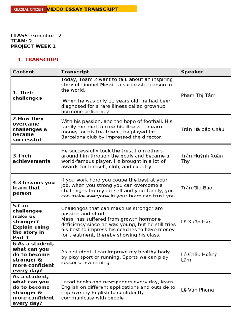 Class Team Transcript | PDF
