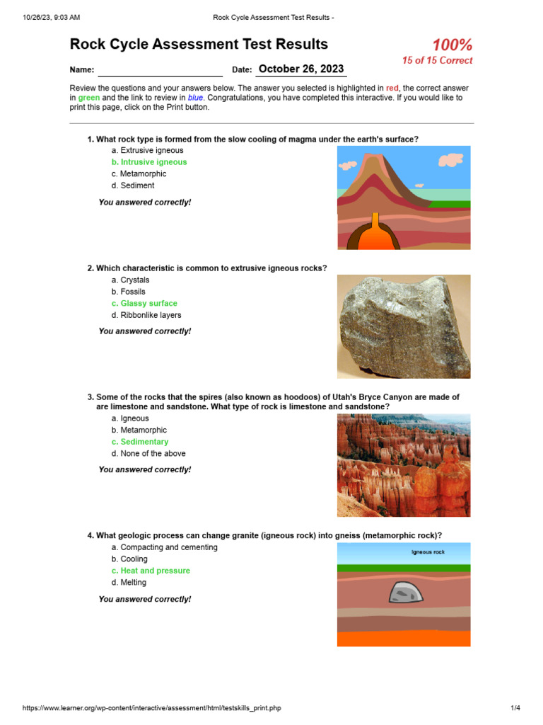 Rock Cycle Assessment Test Results | PDF